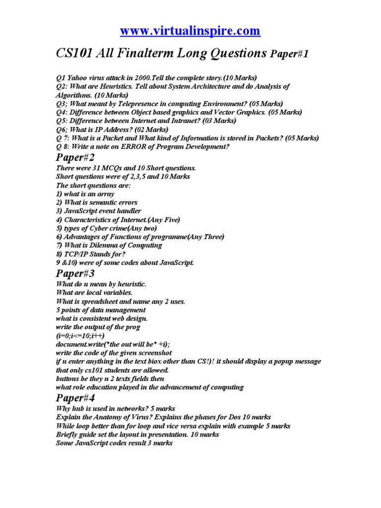 CS101 All Finalterm Long Questions in One File VU | PDF | Variable (Computer Science) | System