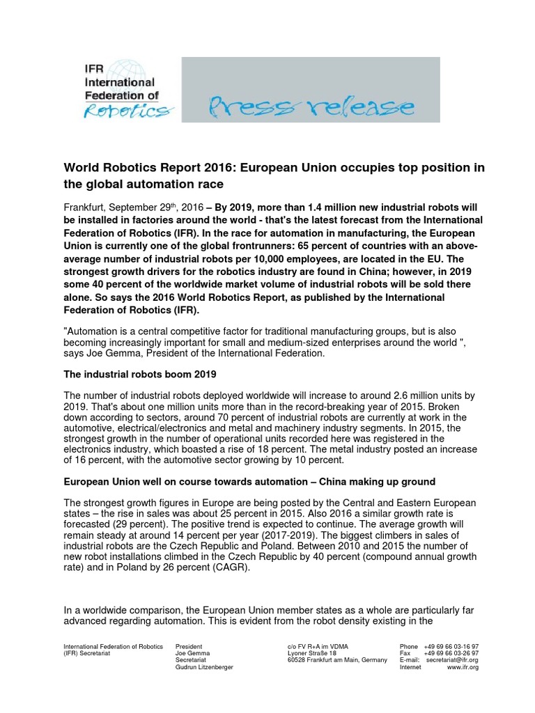 2016-09-29 PR IFR World Robotics Report 2016 ENGLISH PDF | PDF | The ...