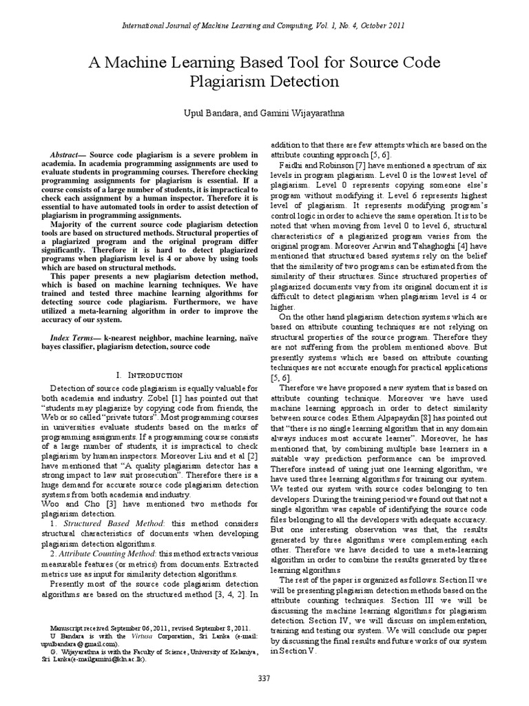 A Machine Learning Based Tool For Source Code Plagiarism Detection | PDF | Statistical ...