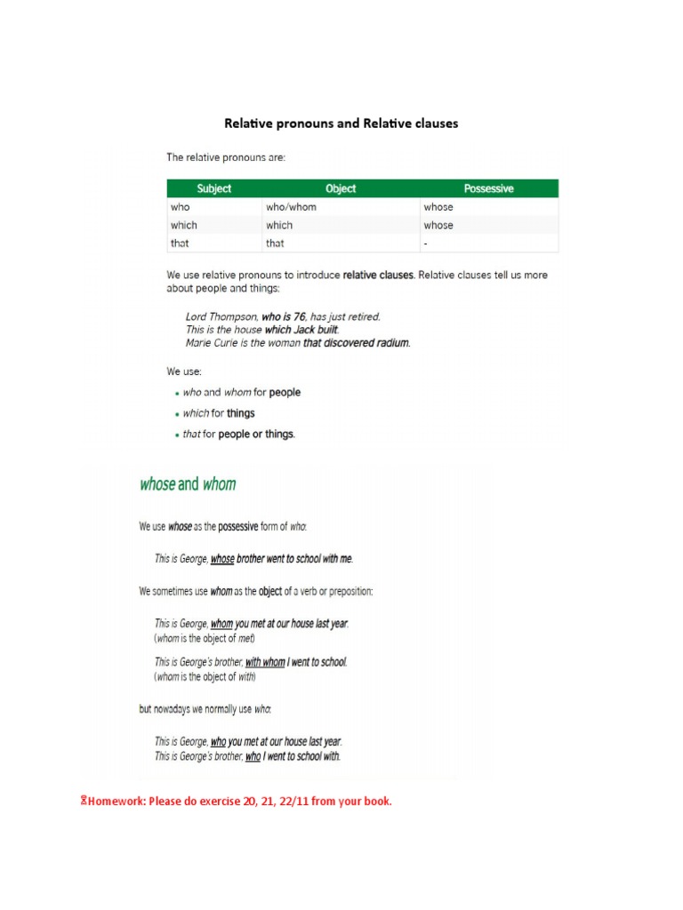 Relative Pronouns and Relative Clauses: Homework: Please Do Exercise 20 ...