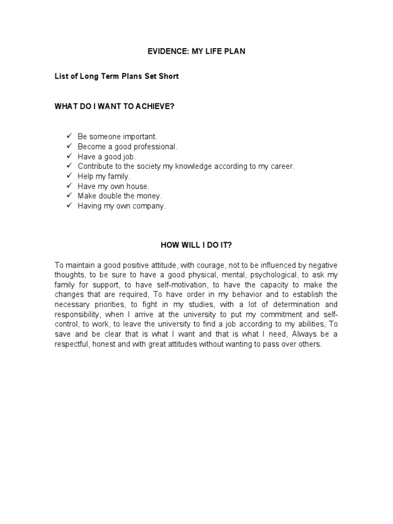 Evidence: My Life Plan List of Long Term Plans Set Short | PDF