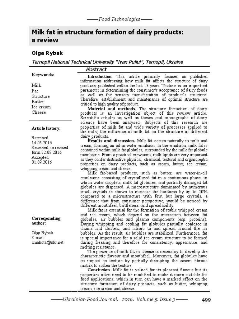 Milk Fat in Structure Formation of Dairy Products: A Review: Olga Rybak ...