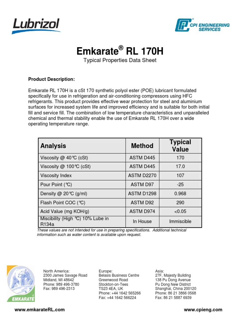 EMKARATE RL 170H Product Data Sheet | PDF | Viscosity | Materials Science