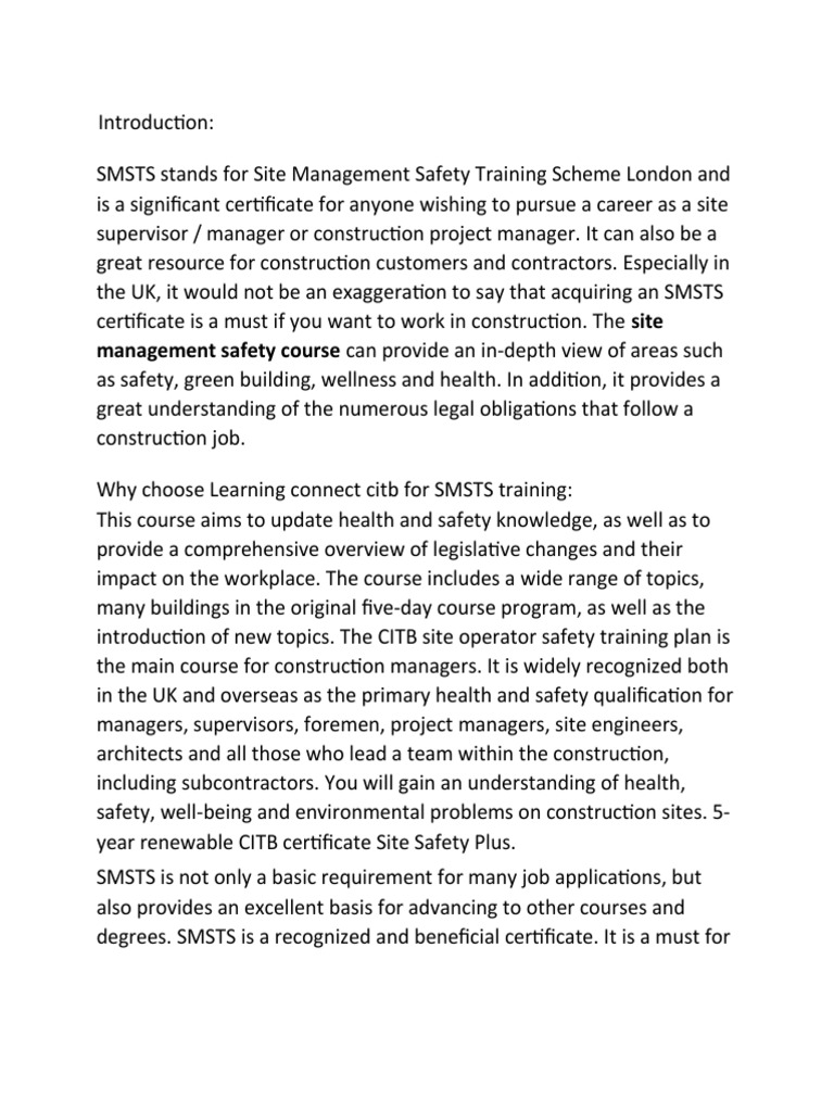SMSTS Training for Construction Safety | PDF | Occupational Safety And ...