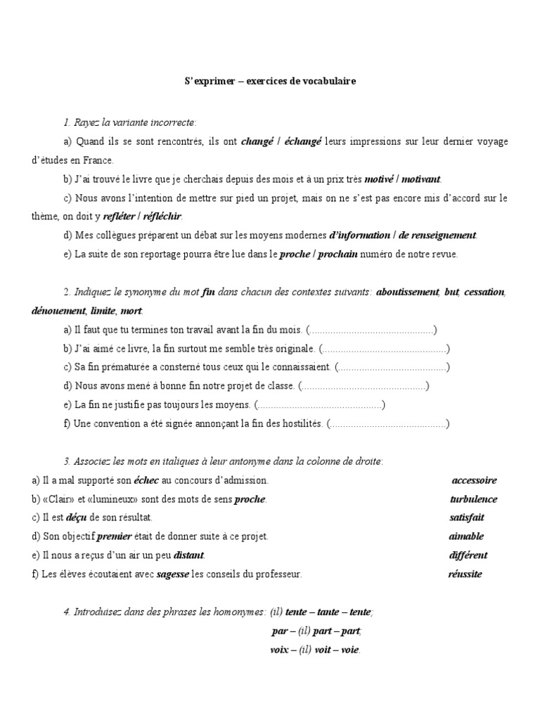 Exercices de Vocabulaire Français | PDF