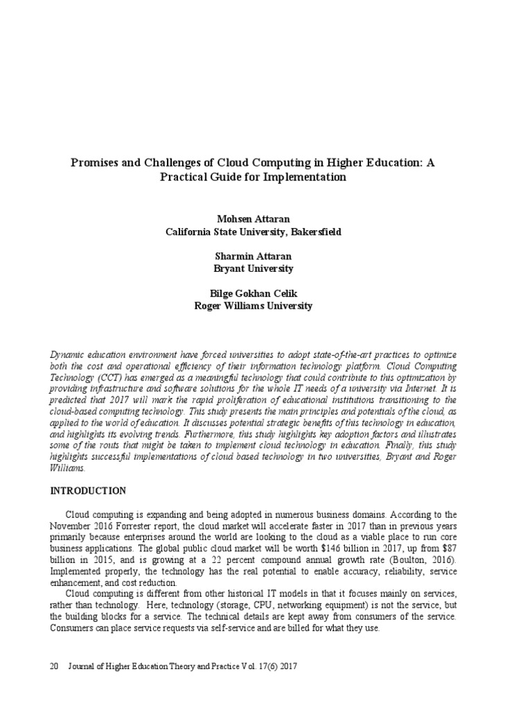 Promises and Challenges of Cloud Computing in Higher Education: A ...