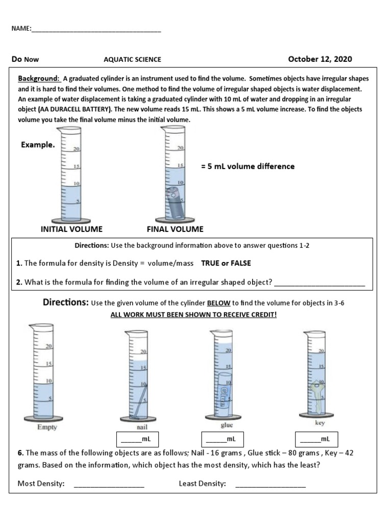 Water - Displacement - Practice - 1012 3 | PDF