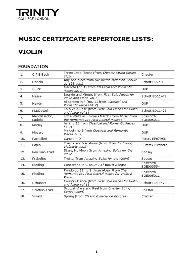 Music Certificate Repertoire Lists: Violin: Foundation | Download Free ...