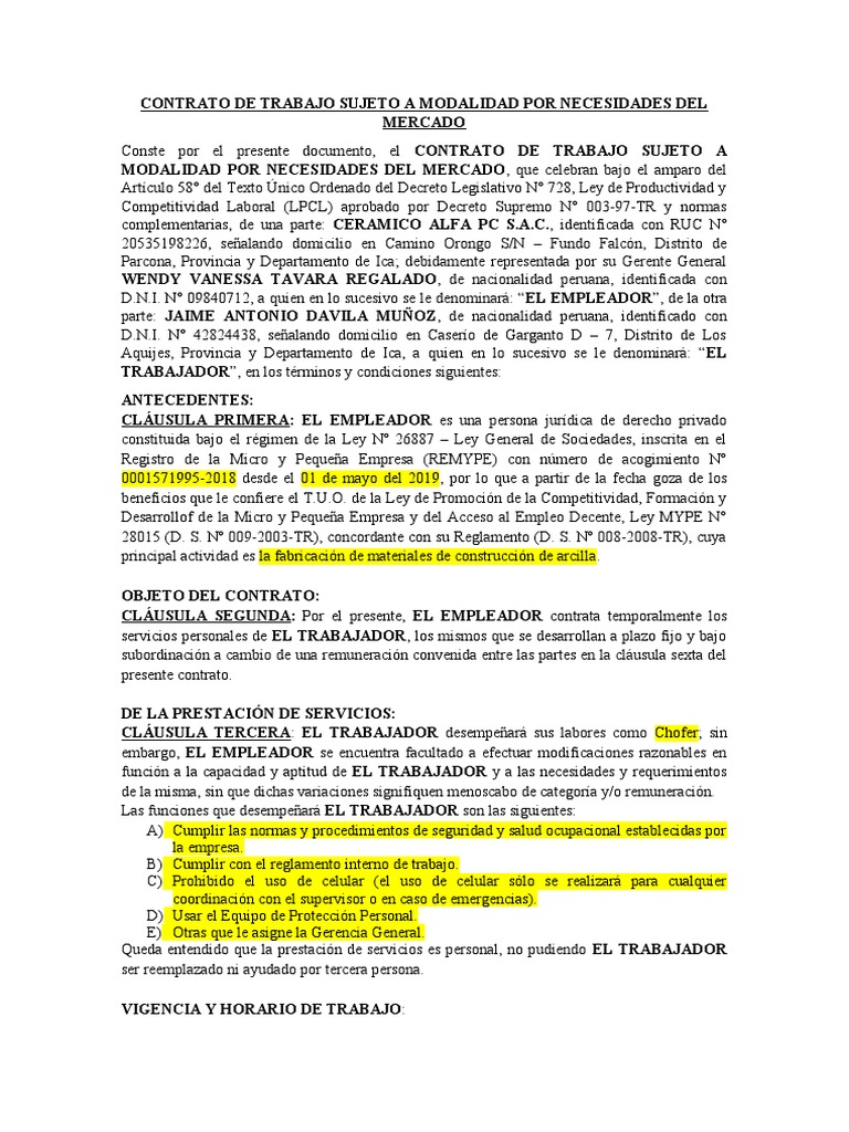 Contrato de Trabajo Sujeto A Modalidad Por Necesidades Del Mercado - Ceramico Alfa PC S.A.C ...