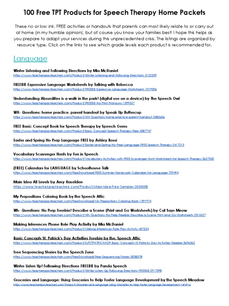100 Free TPT Products For Speech Therapy Home Packets | PDF | Speech ...