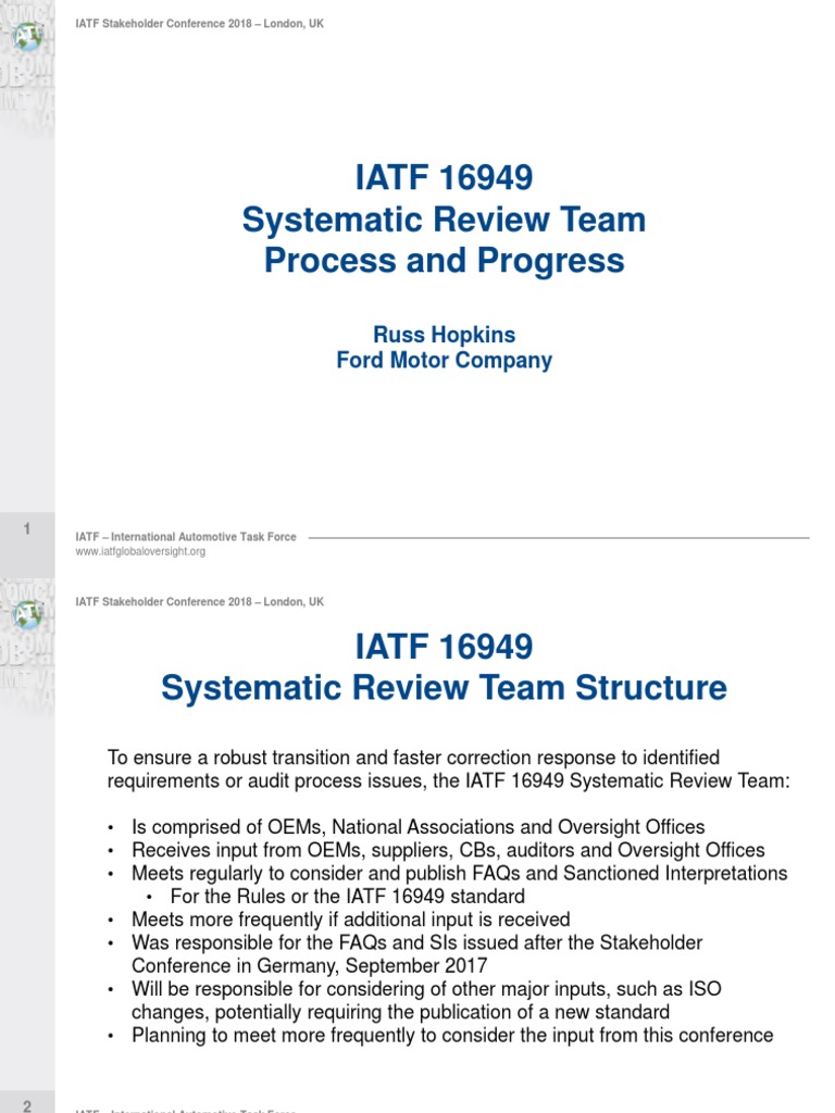 IATF 16949 Systematic Review Team Process and Progress: Russ Hopkins ...