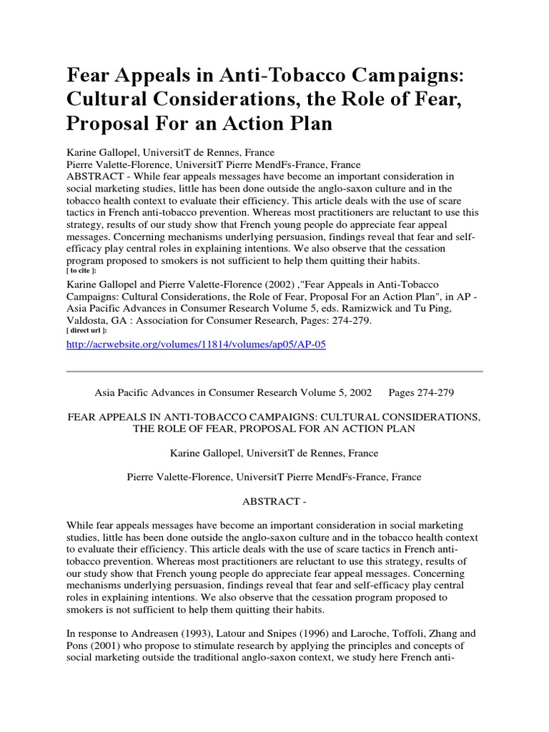 Fear Appeals in Anti-Tobacco Campaigns-Cultural Considerations | PDF ...