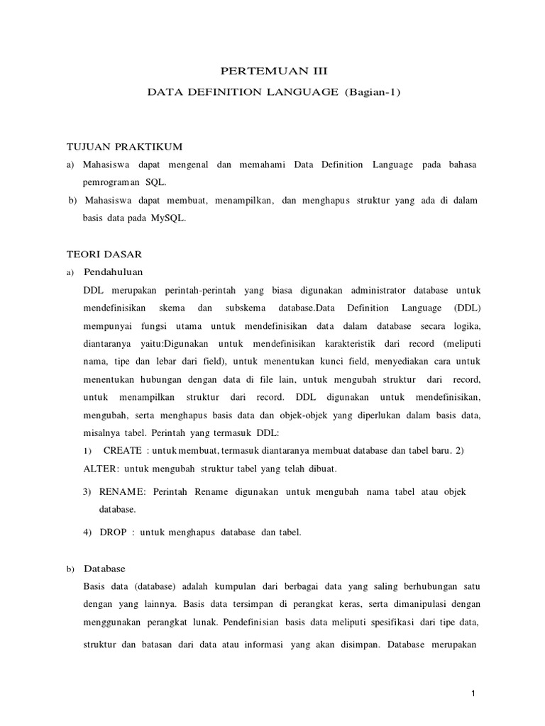 Data Definition Language Bagian 1 Pdf