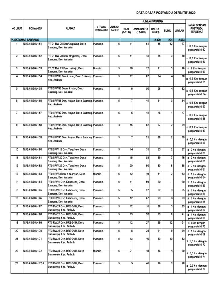 Revisi Data Dasar Posyandu 2020 PKM Sabrang | PDF