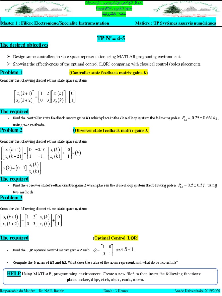 tp4 5 Systc3a8mes Asservis Numc3a9riques | PDF | Control Theory | Optimal Control