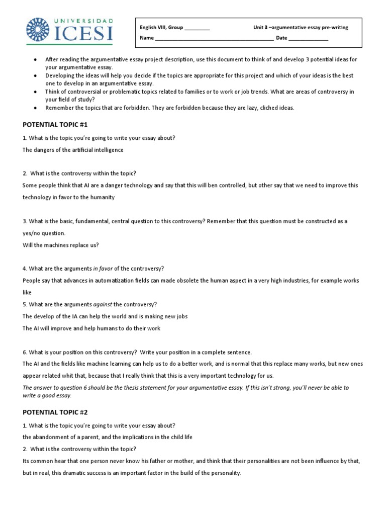 Step 3 - Argumentative Essay Pre-Writing | PDF | Artificial ...