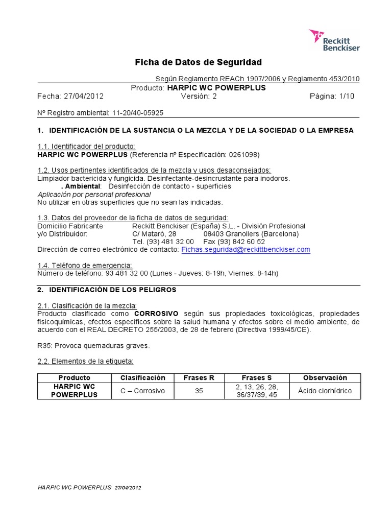 MSDS Harpic Power | PDF | Quemar | Pesticida