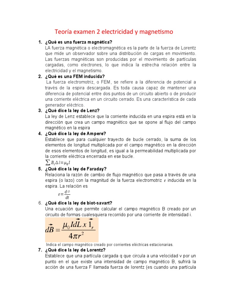 Teoría Examen 2 Electricidad y Magnetismo | PDF | Campo magnético | Magnetismo