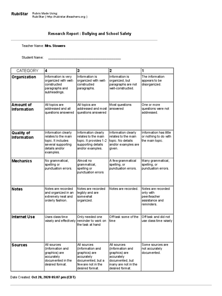 Your Rubric Research Report Bullying and School Safety | PDF | Rubric ...