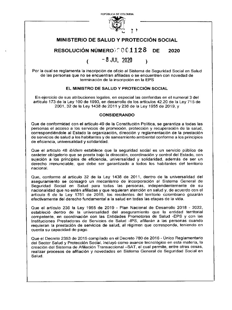 Resolución No.1128 de 2020 - Afiliación de Oficio - Decreto 064 PDF | PDF