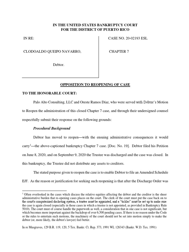 Opposition to Bankruptcy Case Reopening | PDF | Chapter 7 | Bankruptcy
