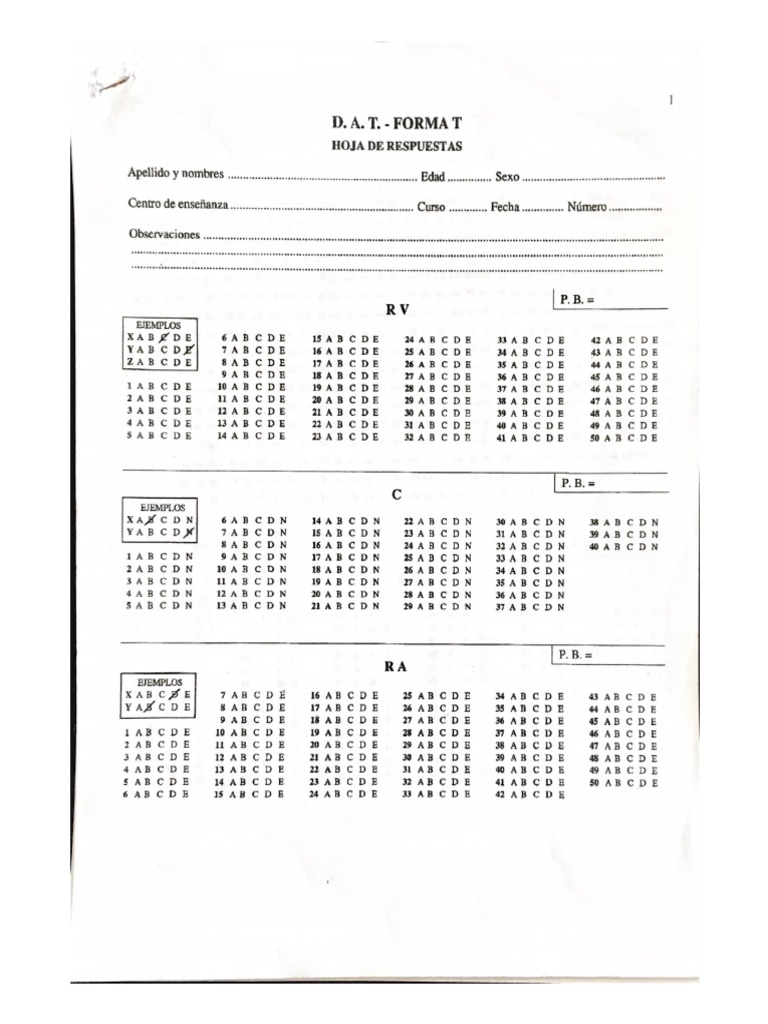 Test de Aptitudes Diferenciales Dat - Hojas de Respuestas y Plantillas ...