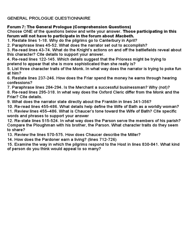 Forum 7: The General Prologue (Comprehension Questions) Forum Will Not ...