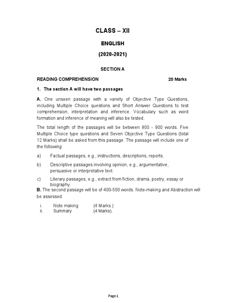Class - Xii: English (2020-2021) | PDF | Reading Comprehension ...