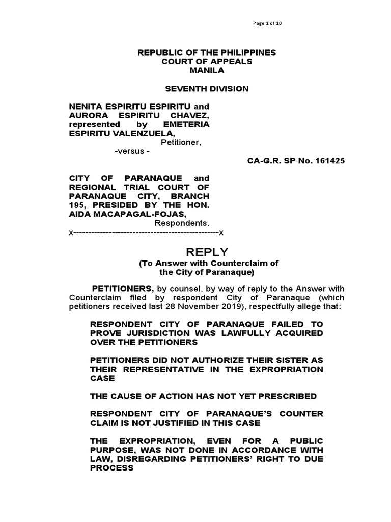 Reply to Counterclaim in Expropriation Case | PDF | Eminent Domain ...