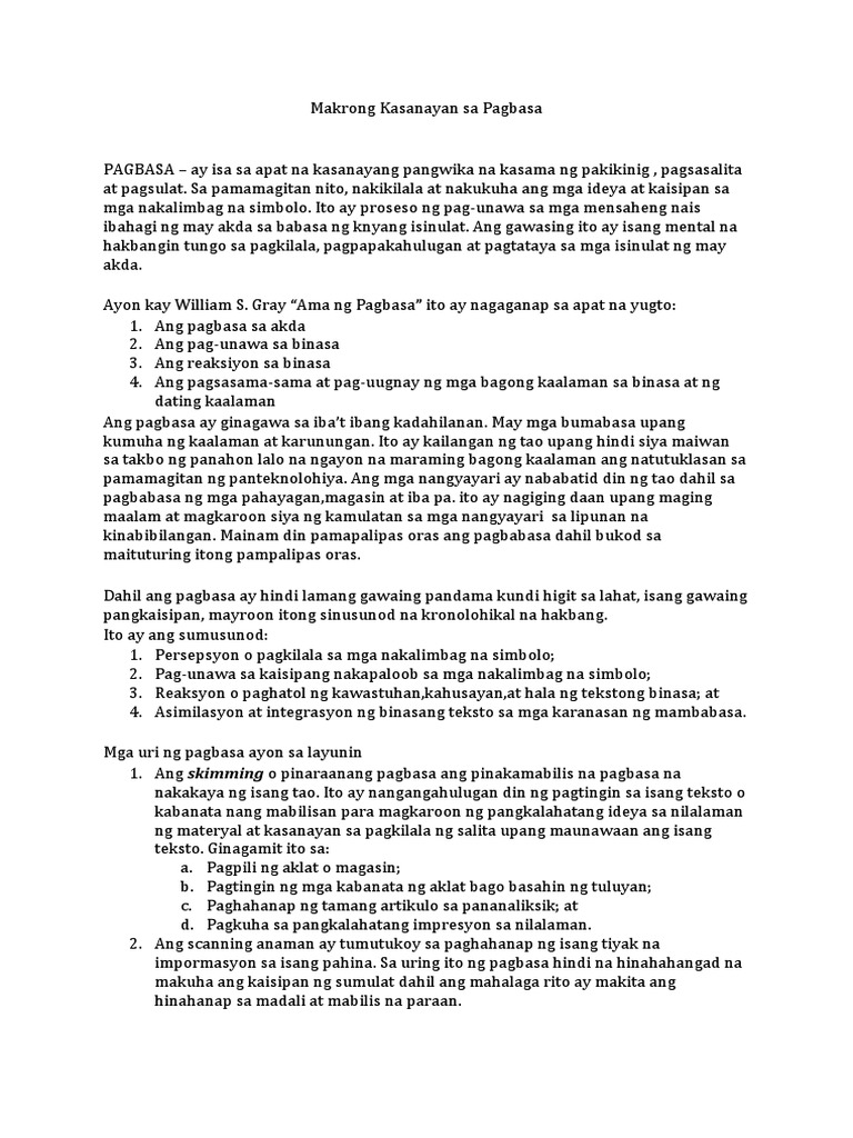 Makrong Kasanayan Sa Pagbasa | PDF