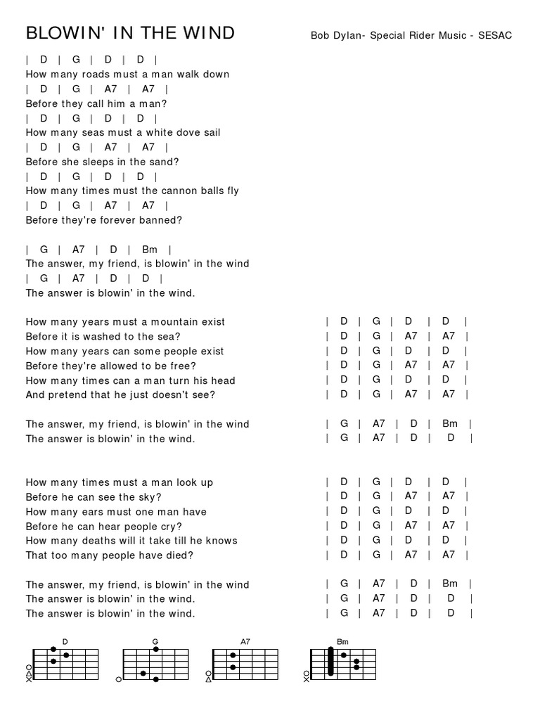 Bob Dylan Lyrics for Blowin' in the Wind | PDF