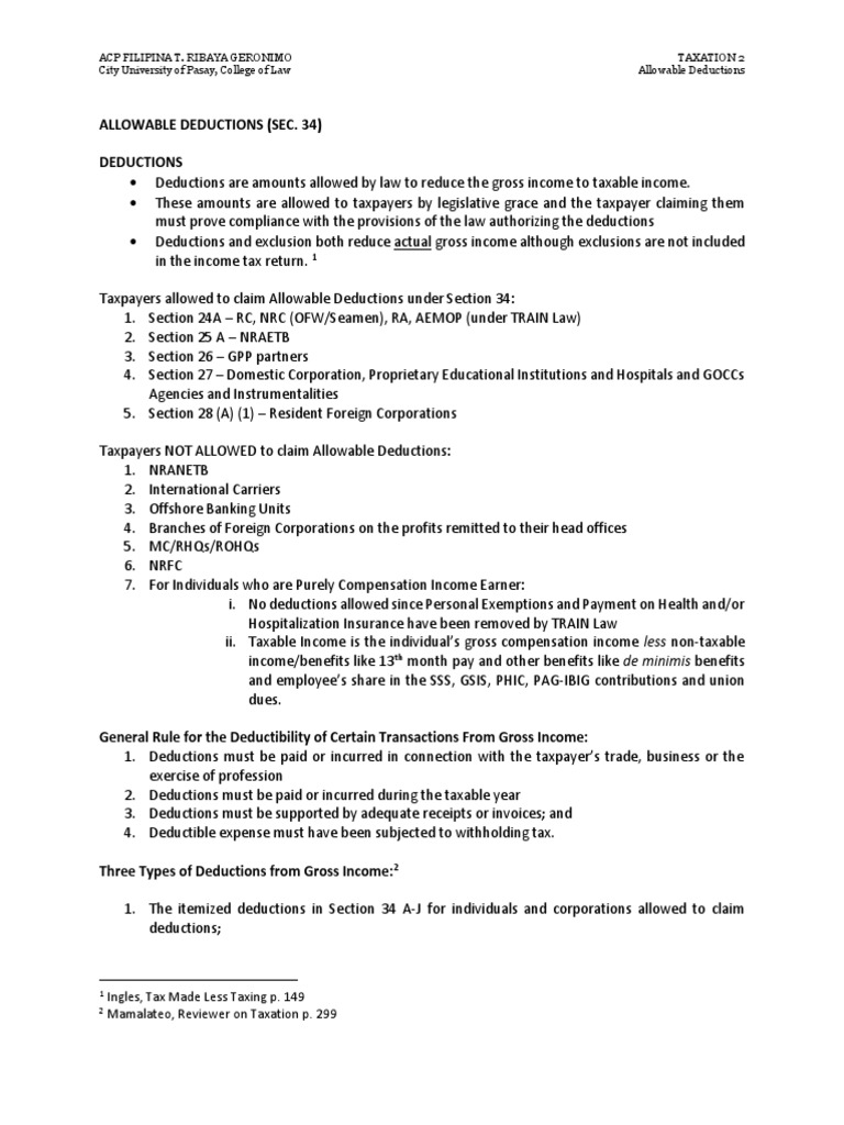 Allowable Deductions (Sec. 34) Deductions | PDF | Tax Deduction ...