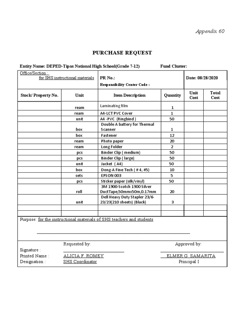 Appendix 60: PURCHASE REQUEST | PDF | Stationery | Building Materials
