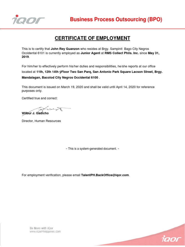 iQor Certificate of Employment Sample | PDF | Career & Growth | Law
