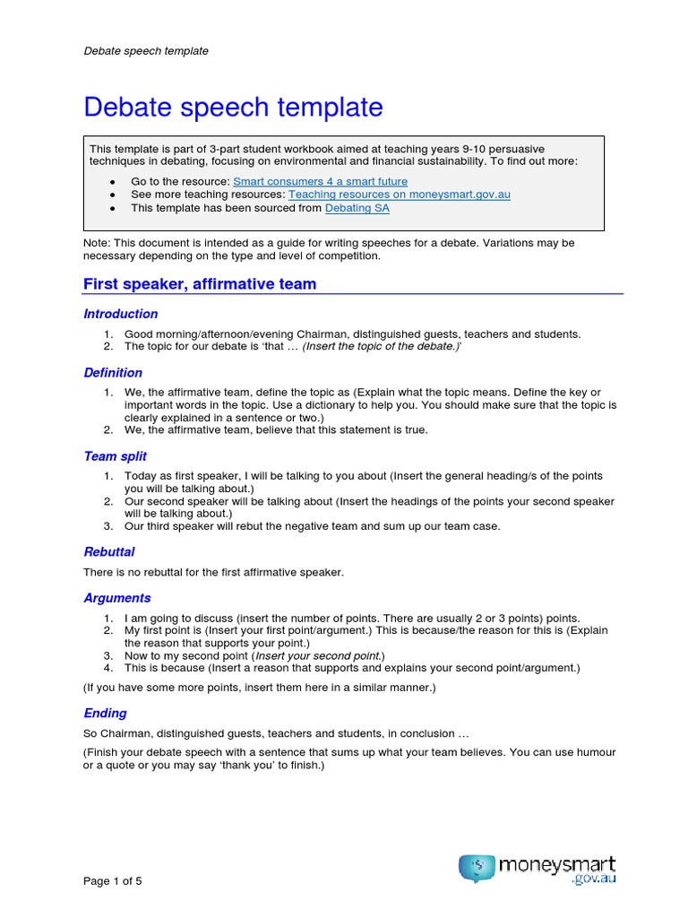 Debate Speech Template: First Speaker, Affirmative Team | PDF ...