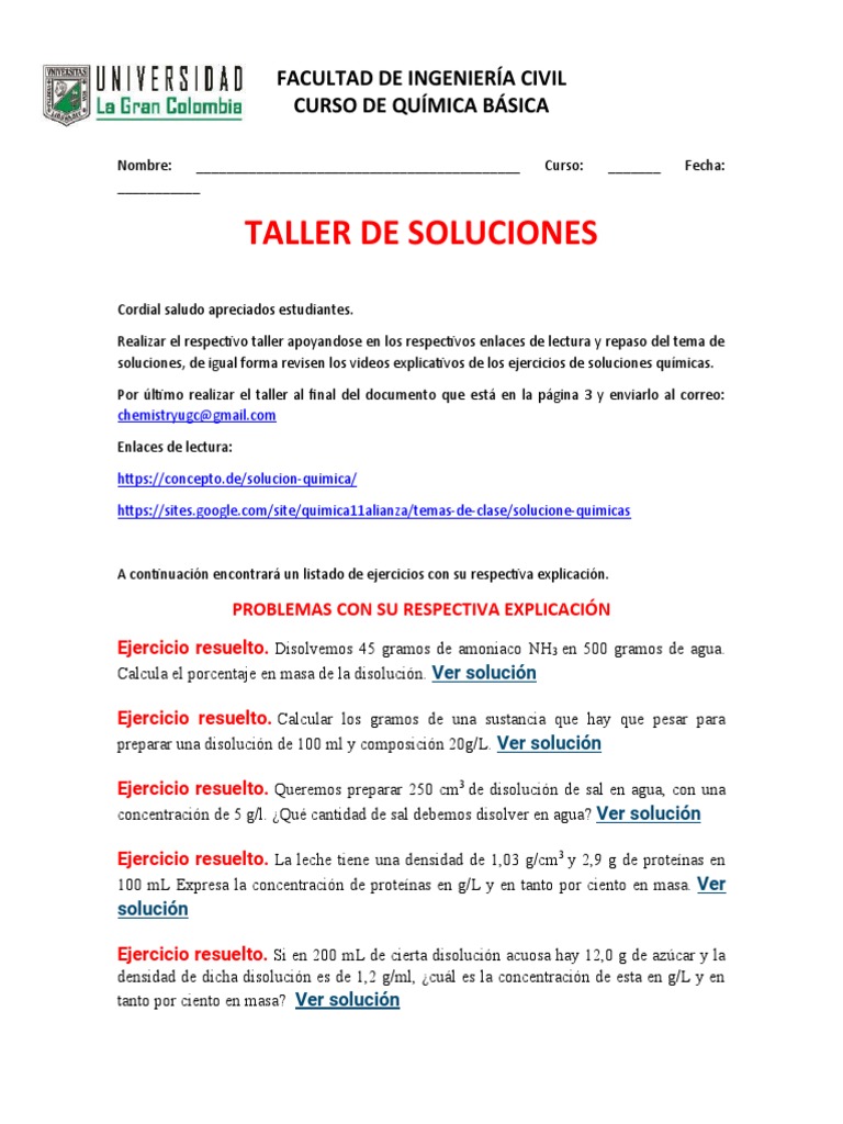 Taller de Soluciones Químicas | Descargar gratis PDF | Concentración | Ácido clorhídrico