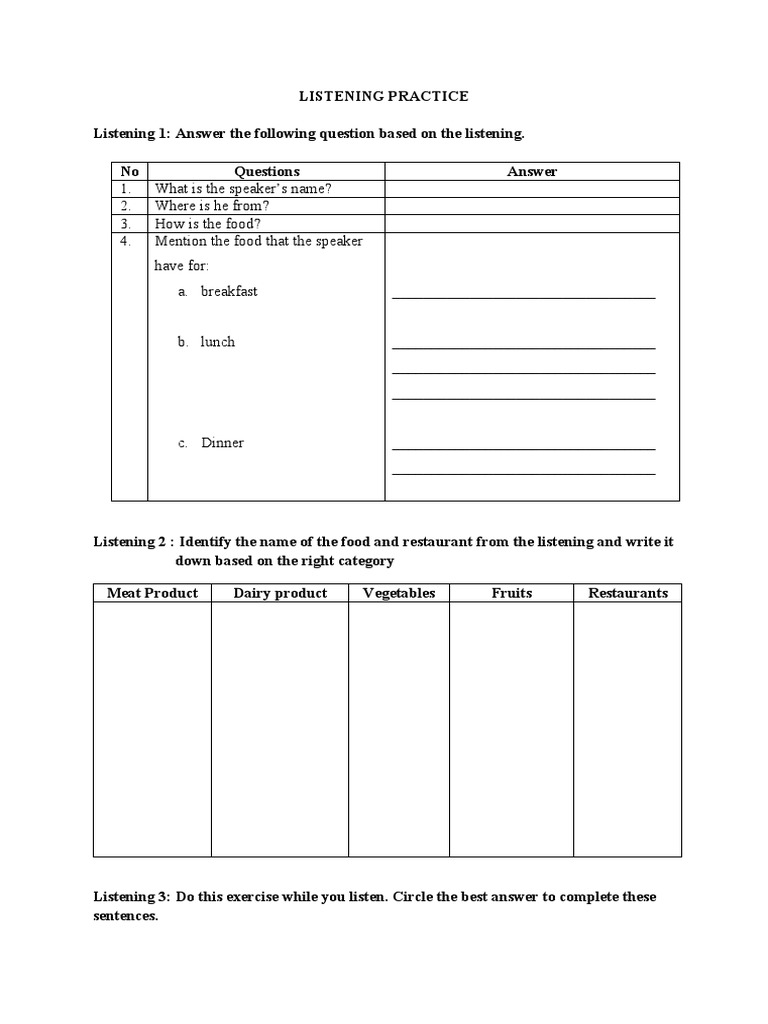Food Listening Comprehension Exercises | PDF