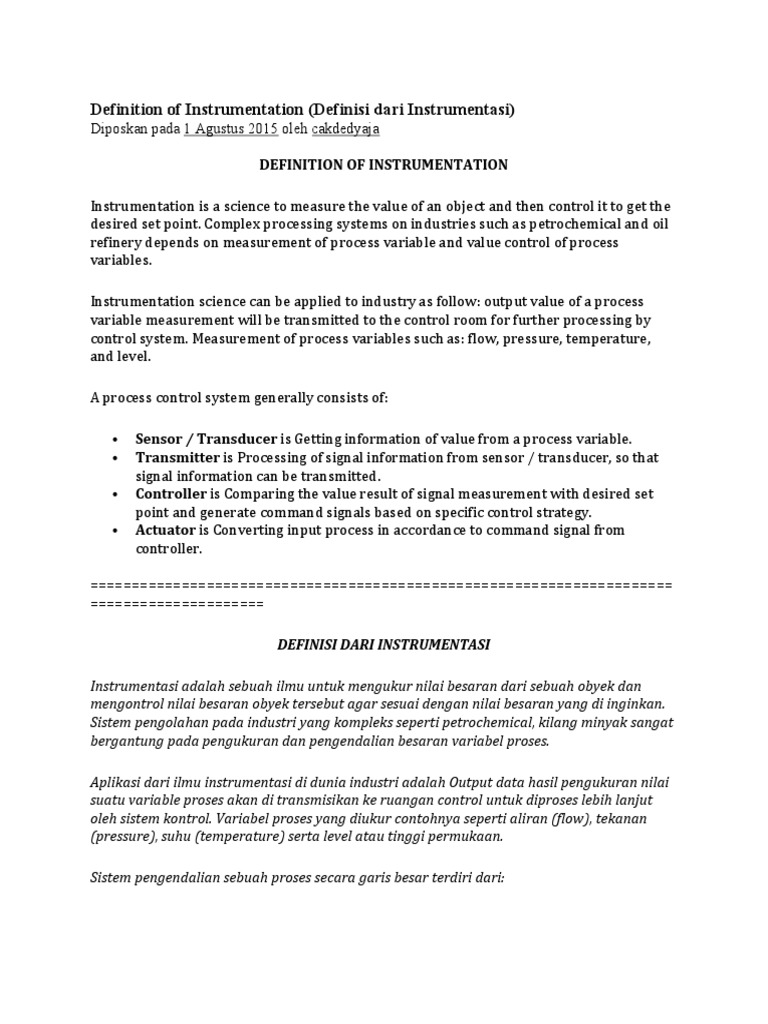 Definition of Instrumentation (Definisi Dari Instrumentasi) | PDF