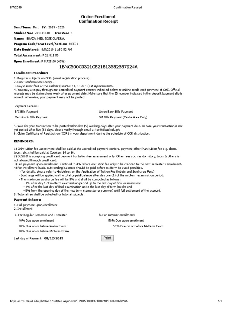 1BNC500C0321C821813582387924A: Online Enrollment Confimation Receipt ...