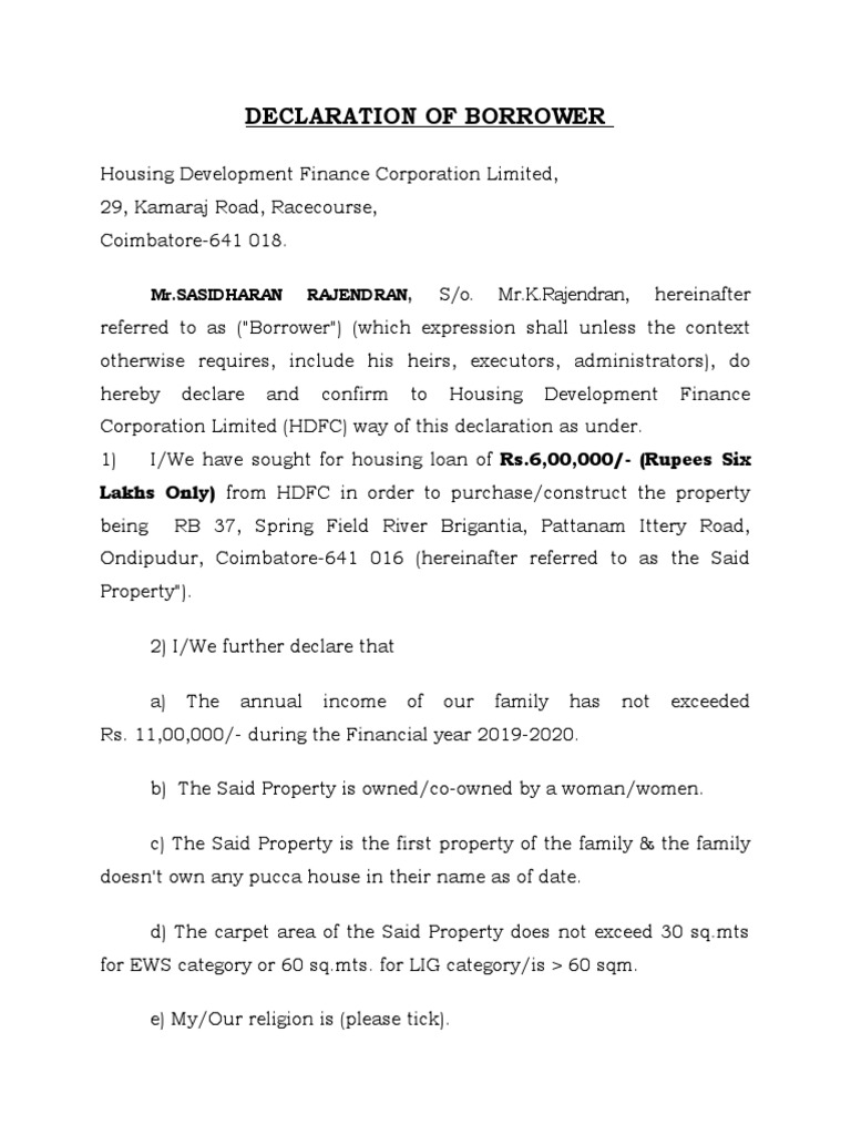 Declaration of Borrower: S/o. Mr.K.Rajendran, Hereinafter | PDF | Government | Loans