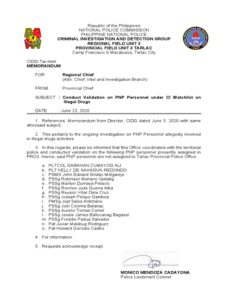 Memo-Conduct Validation On PNP Personnel Under CI Watchlist On Illegal ...