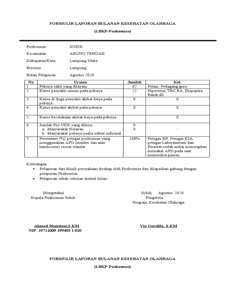 Formulir Laporan Bulanan Kesjaor | PDF