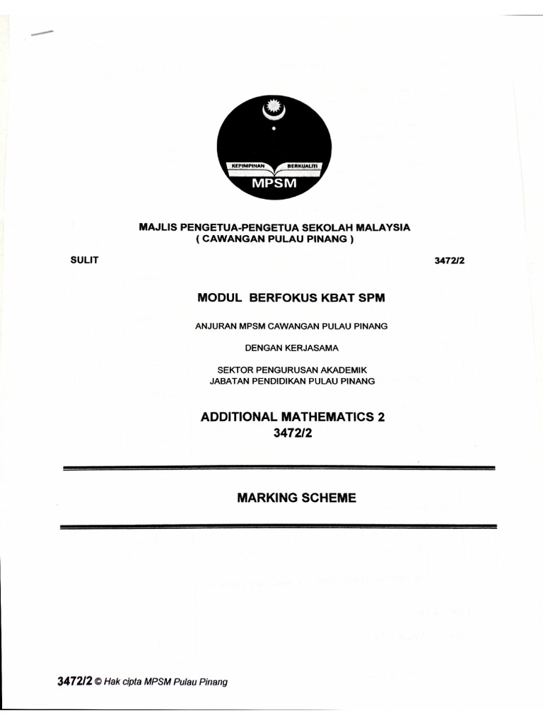 2019 Penang AddMath K2 Jawapan PDF | PDF