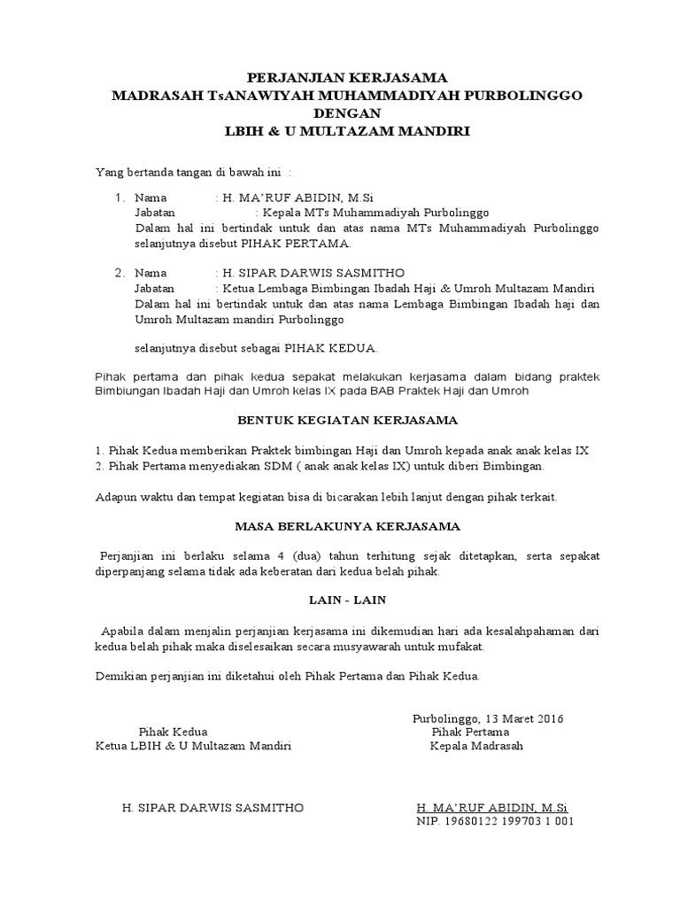 Contoh Perjanjian Kerjasama Masjid | PDF