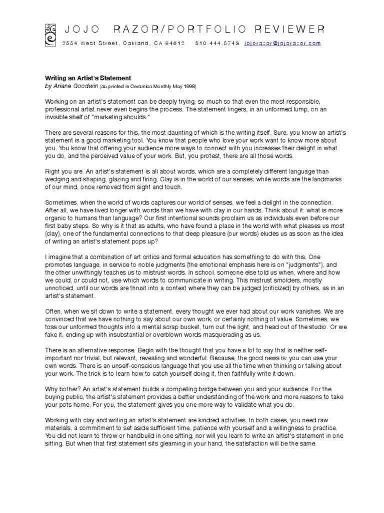 Jojo Razor/Portfolio Reviewer: Writing An Artist's Statement | PDF ...