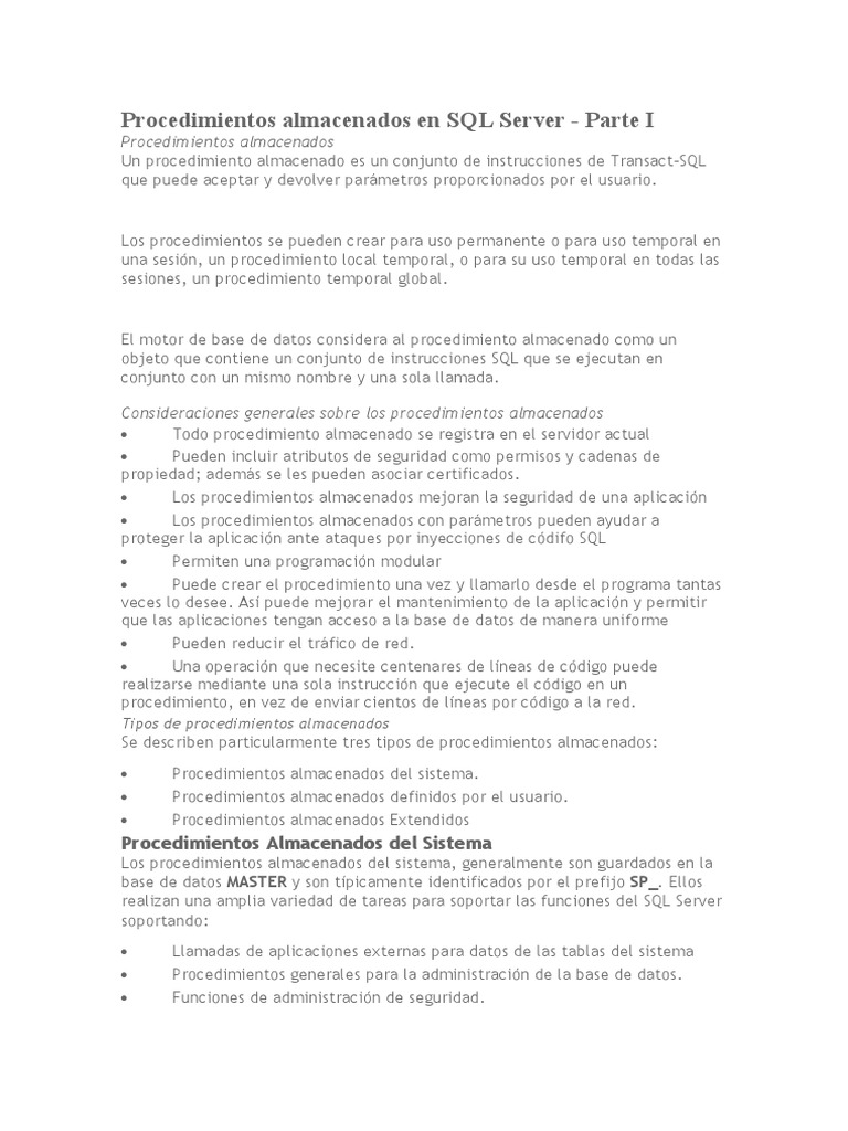 Procedimientos Almacenados - 1 | PDF | Servidor SQL de Microsoft | SQL