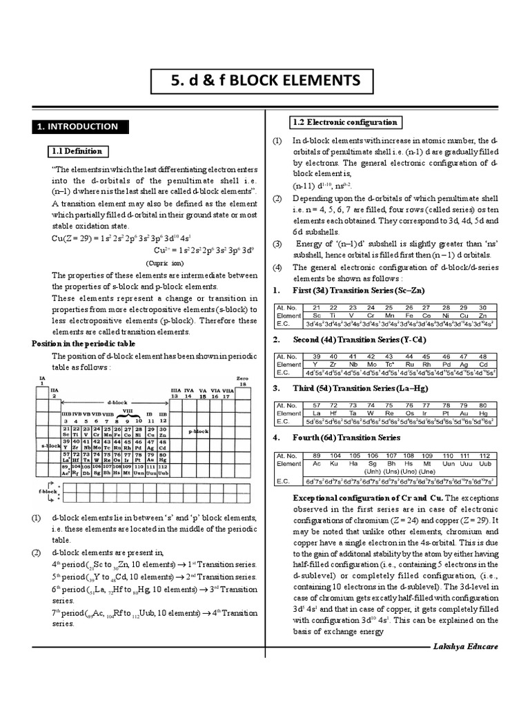 D and F Block Elements-1 PDF | PDF | Transition Metals | Electron ...