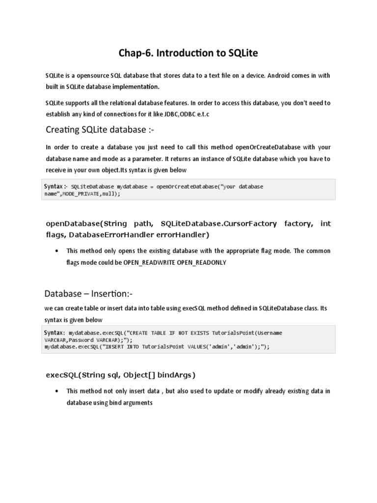 Chap-6. Introduction To Sqlite | PDF | Method (Computer Programming) | Databases