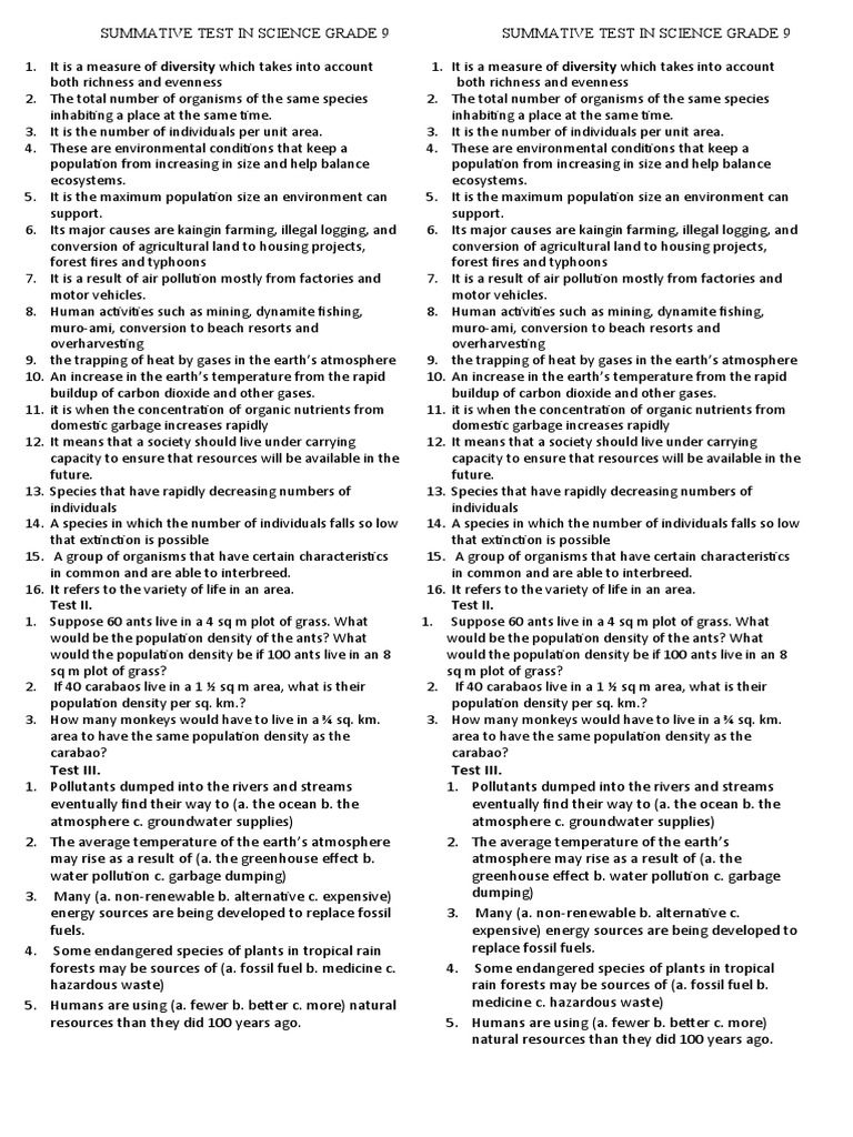 Grade 9 Science Summative Test Q1 | PDF | Human Impact On The ...