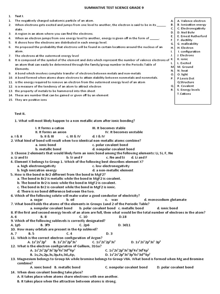 Grade 9 Science Summative Test Q1 | PDF | Ionic Bonding | Chemical Bond